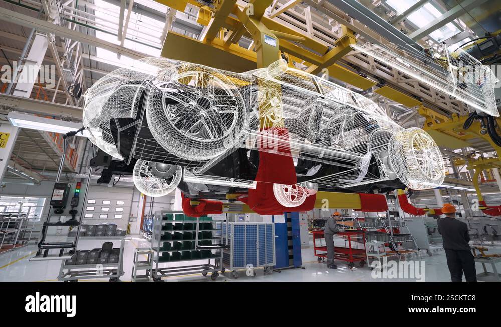 Automobile plant, view of hologram projections of cars body, motion ...