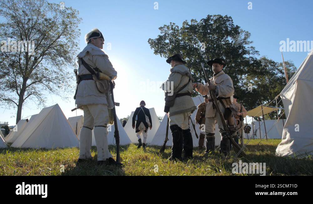 U.S. Continental Army Soldiers in formation in Revolutionary War tent ...