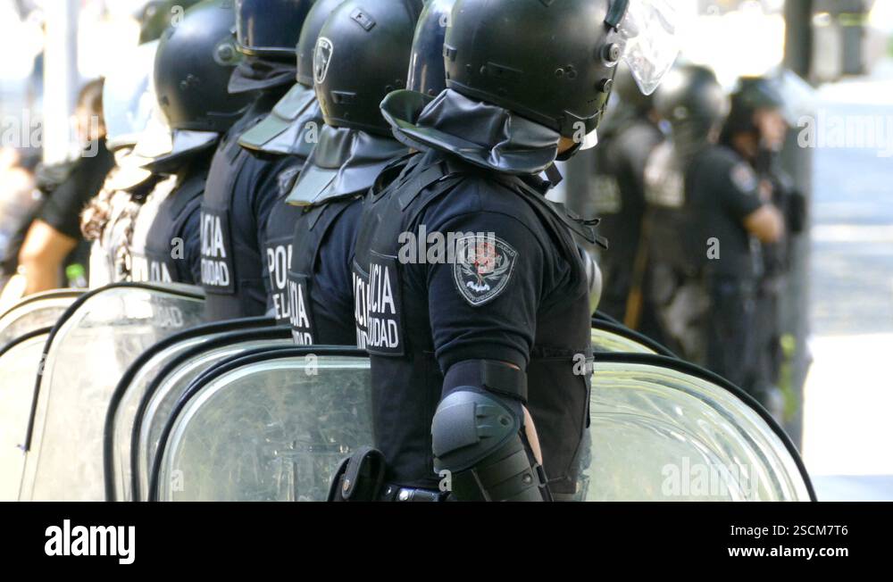 Side view of riot officers holding shields with blurry cops in ...