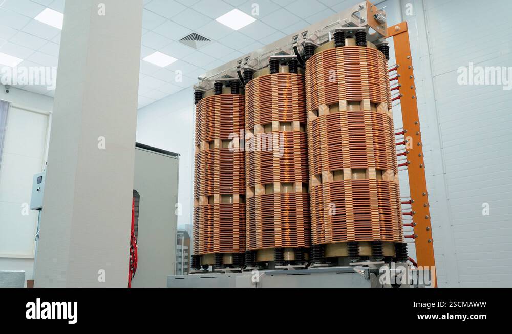 High-voltage transformer at a manufacturing plant. Power transformer ...