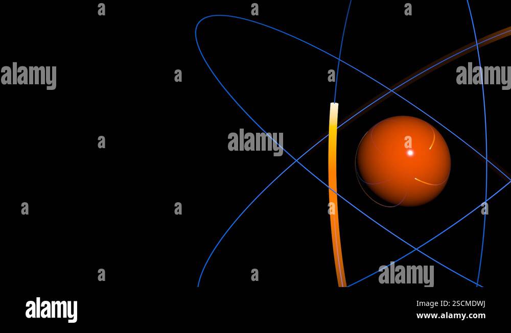 close up atom - blue and orange atomic particle with electrons rotating ...