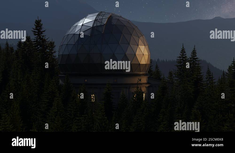 A modern astronomical observatory in a vast coniferous forest during ...