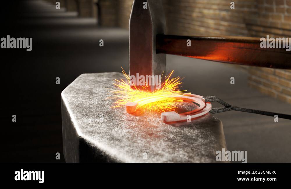 Traditional forge with an old anvil. Hammer is hitting glowing, hot ...