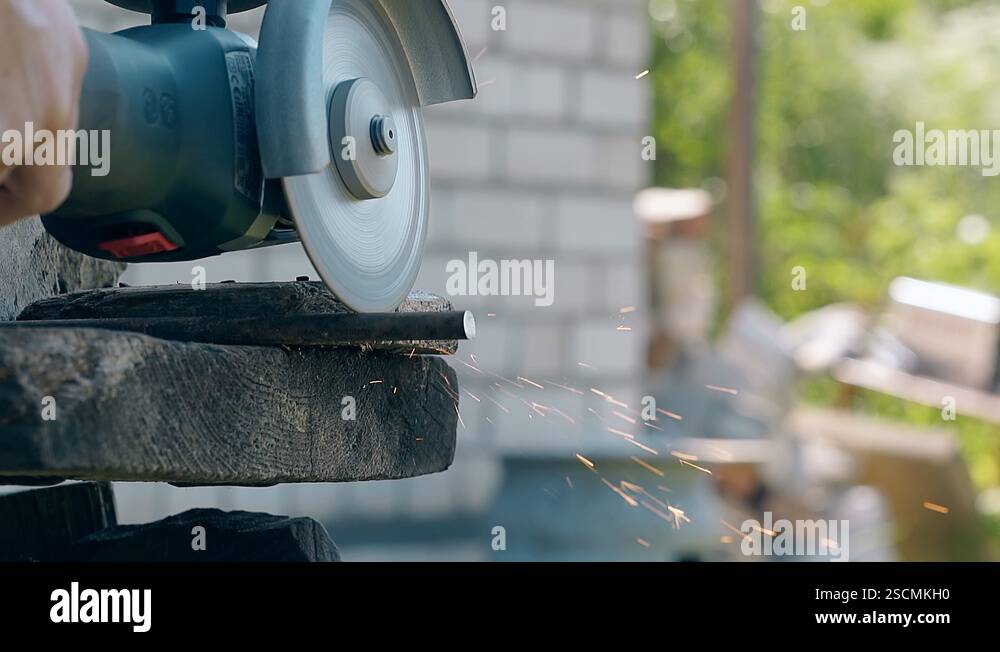 close view hand disc saw used for cutting thin metal rod Stock Video ...