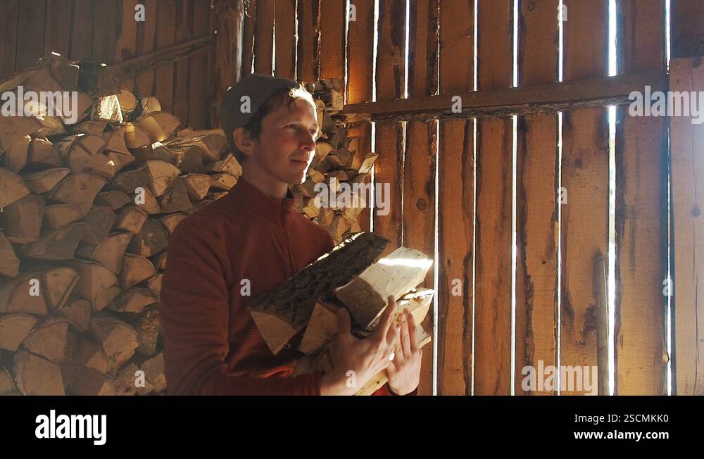 Man carrying firewood logs for heat in winter. Pile of chopped fire ...