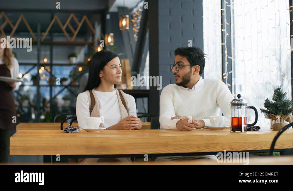 Waitress Bringing Desserts for Young Couple in Cafe Stock Video Footage ...