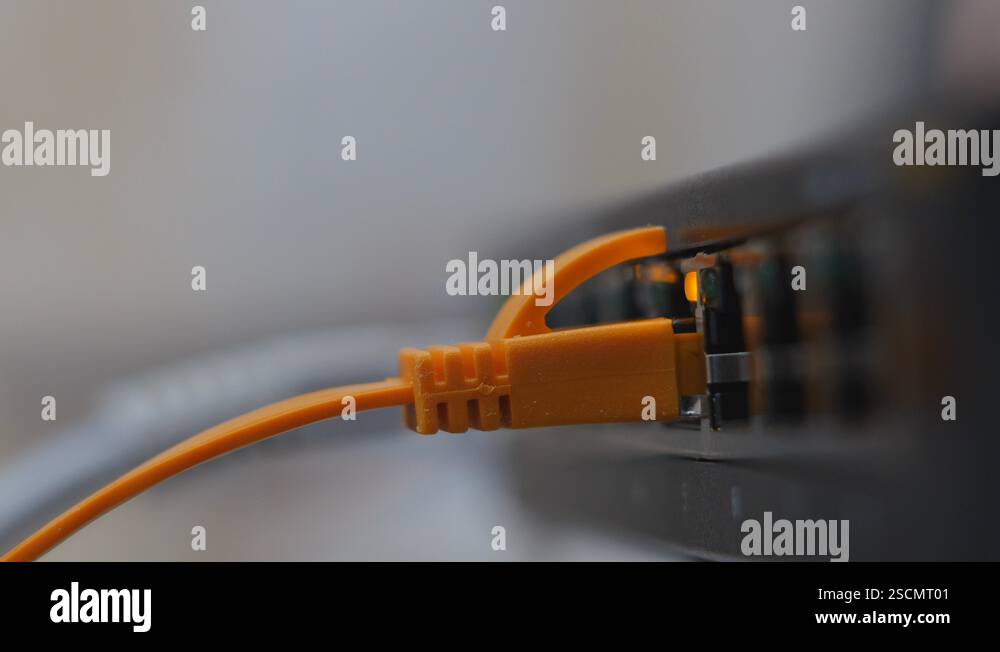 Male Hand Take Out Orange Data Cable From The Gigabit Network Switch ...