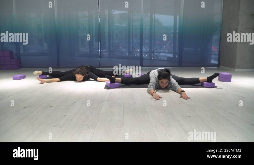 Two flexible girls simultaneously join hands behind their backs and ...