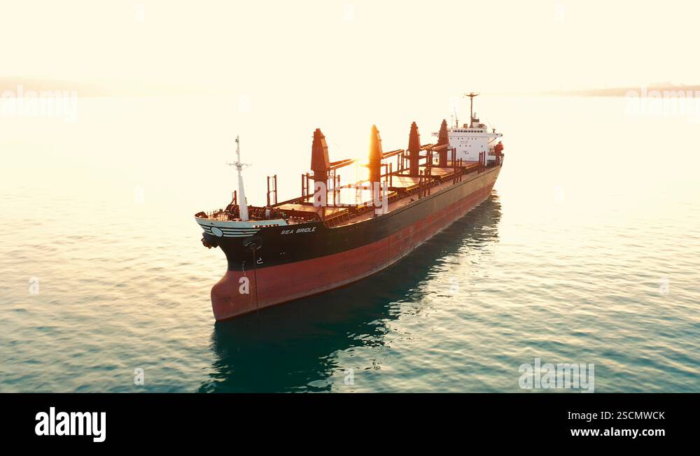 Aerial view of a large high-speed sea vessel transportation of a dry ...