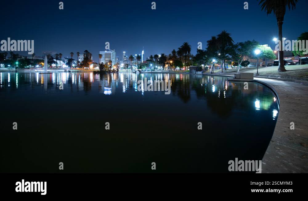 8K Los Angeles Skyline Reflected on MacArthur Park Pond Stock Video ...