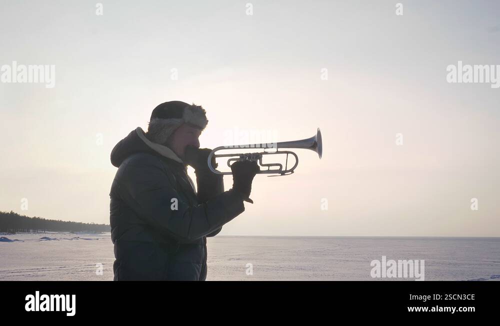 Portrait in profile of alone caucasian musician playing trumpet in ...