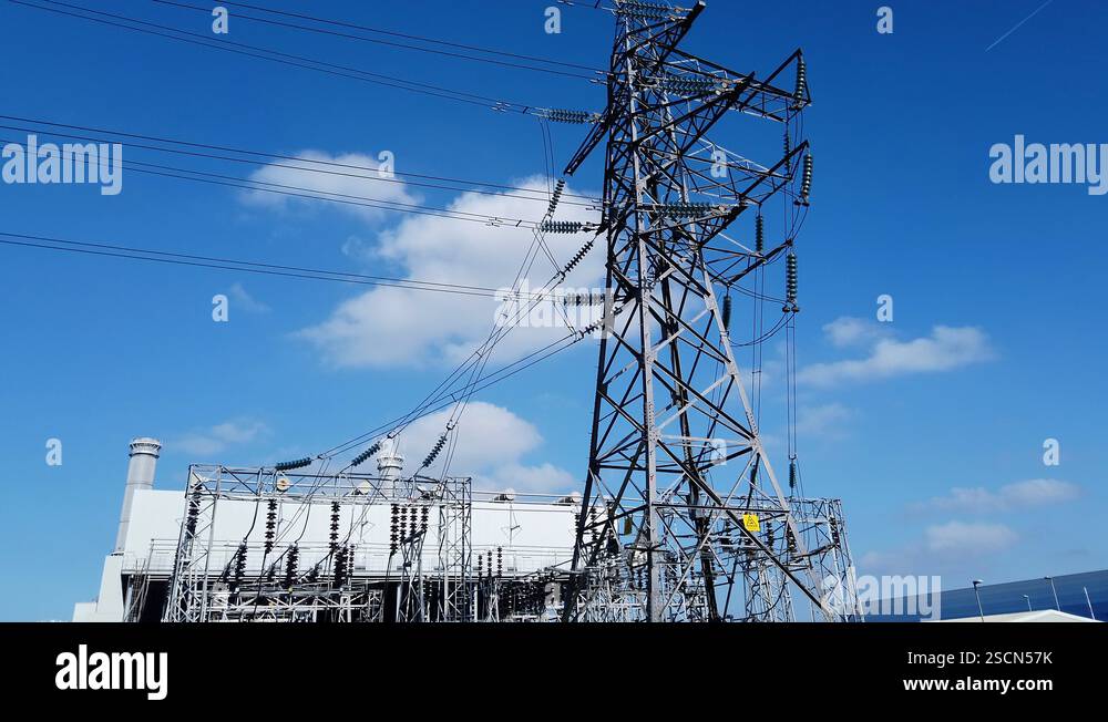 Tilt down from an overhead electricity power line to a gas fired power ...