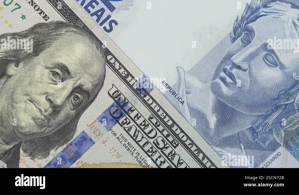 Brazil real against US dollar bill rotating. Brazil and USA trade Stock ...