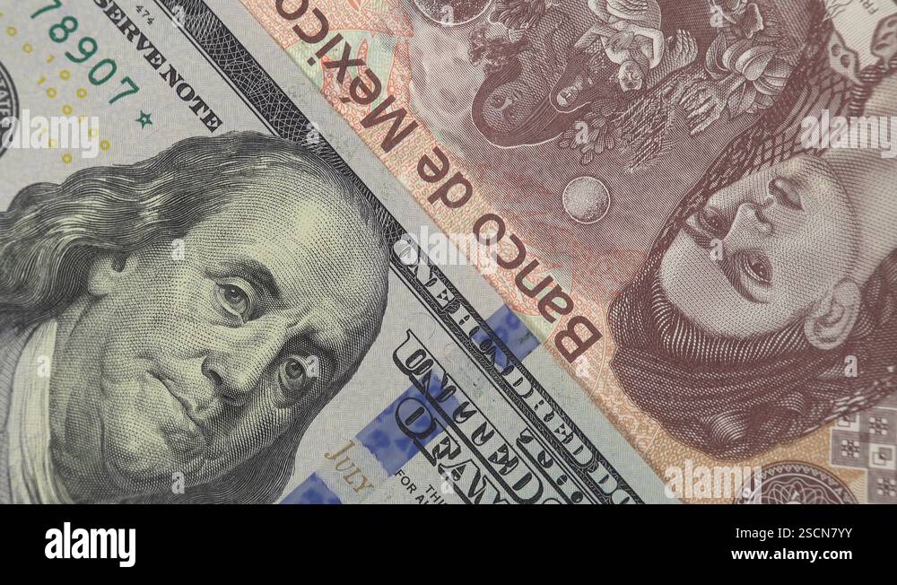 Mexico peso against US dollar bill rotating. Mexico and USA trade Stock ...