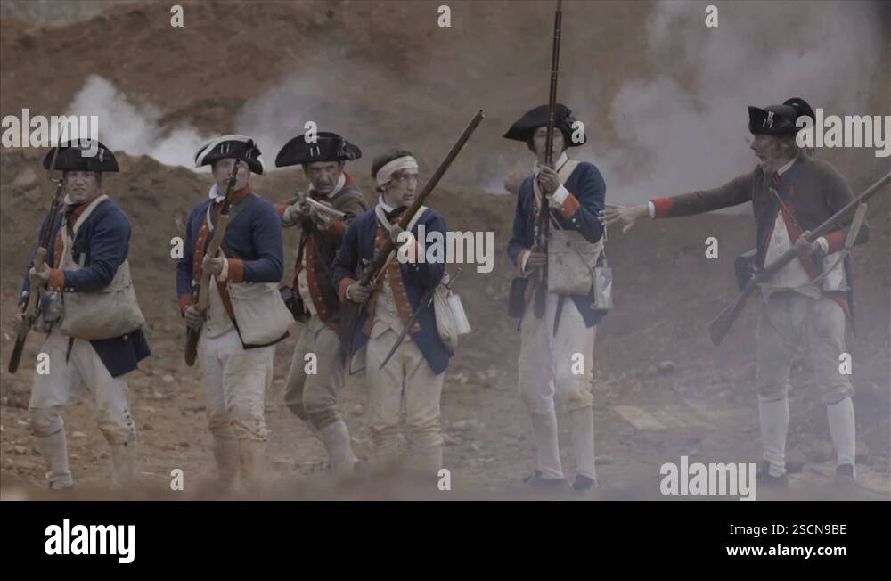 Rev War Continental Soldiers charge and fire muskets amidst smoke and ...