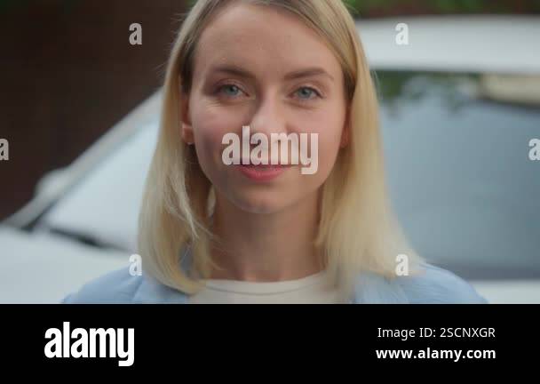 Joyful Caucasian businesswoman girl close up smiling hold driver ...