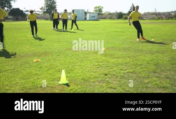 Team of multiracial male cricket players practicing cricket on pitch ...