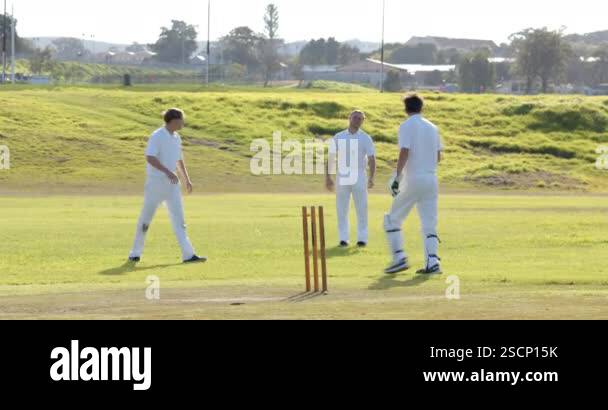 Two teams of multiracial male cricket players playing cricket ...