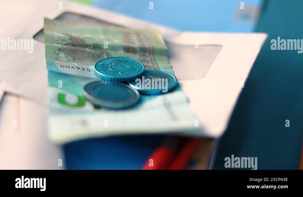 Five Euro paper banknote. One, two Euro coins and fifty Euro cents on ...