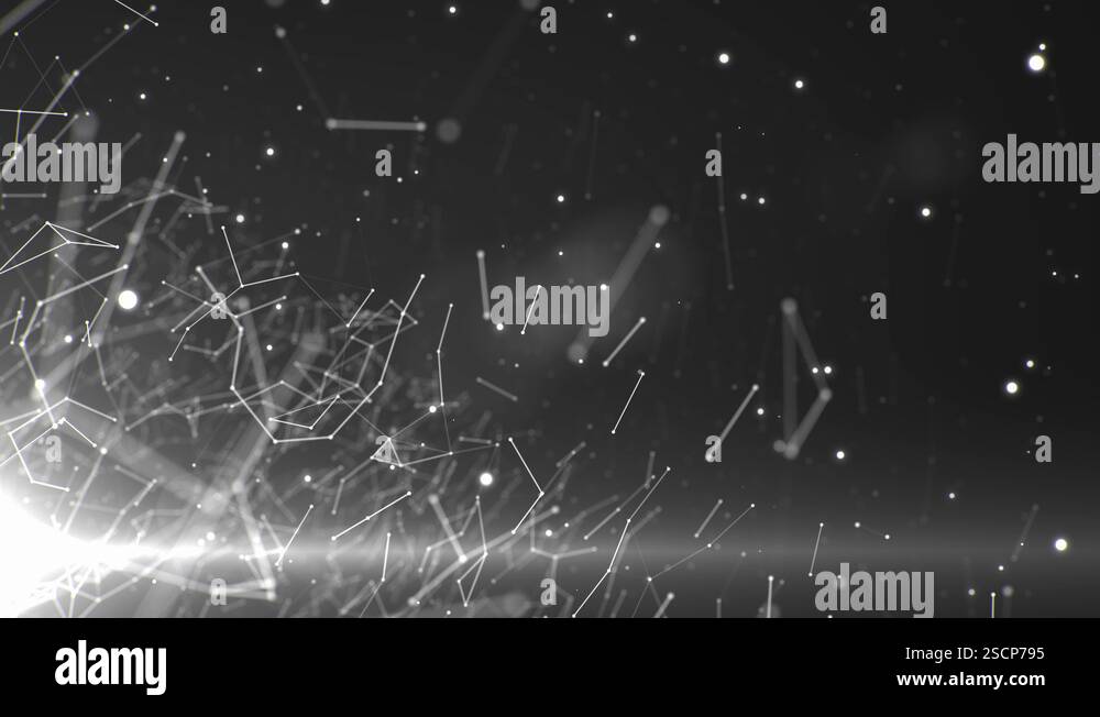 Network of lines and particles with a light in the bottom left corner ...