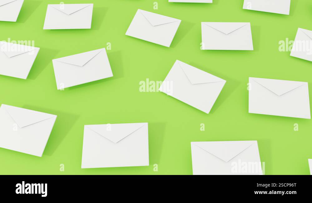 3d render animation of postal letter moving on different color surface ...