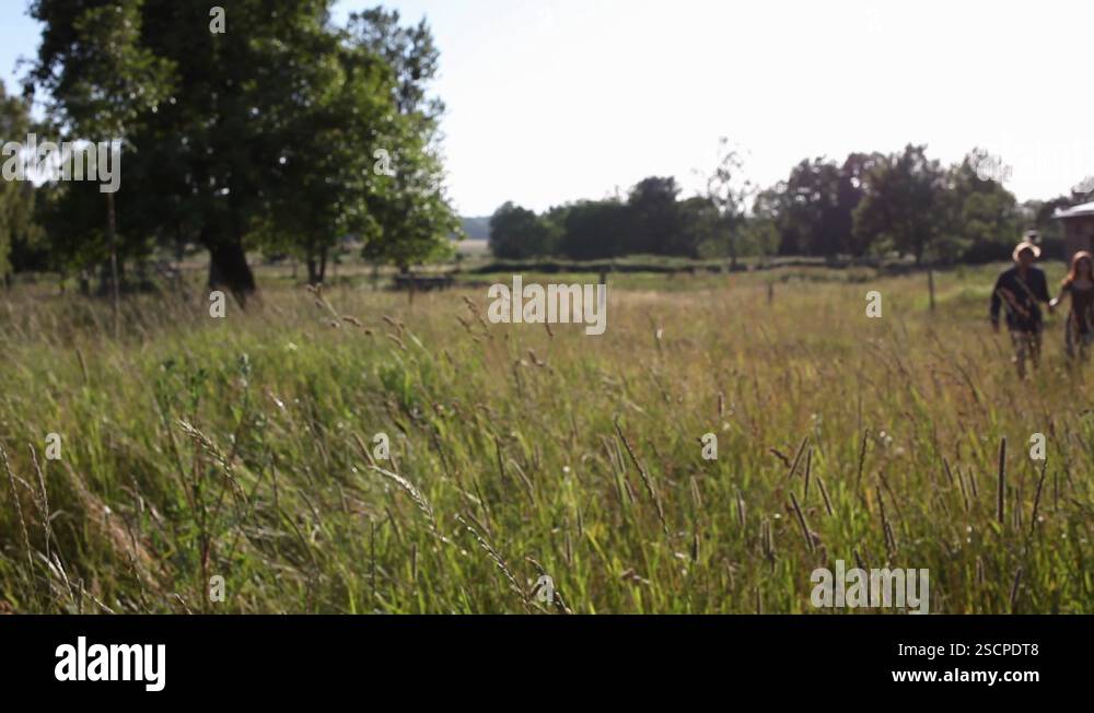 WS, Lockdown, young couple holding hands and skipping through a field ...