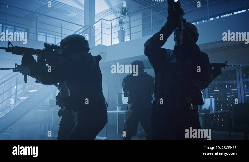 Masked Squad of Armed SWAT Police Officers Stand in Dark Seized Office ...