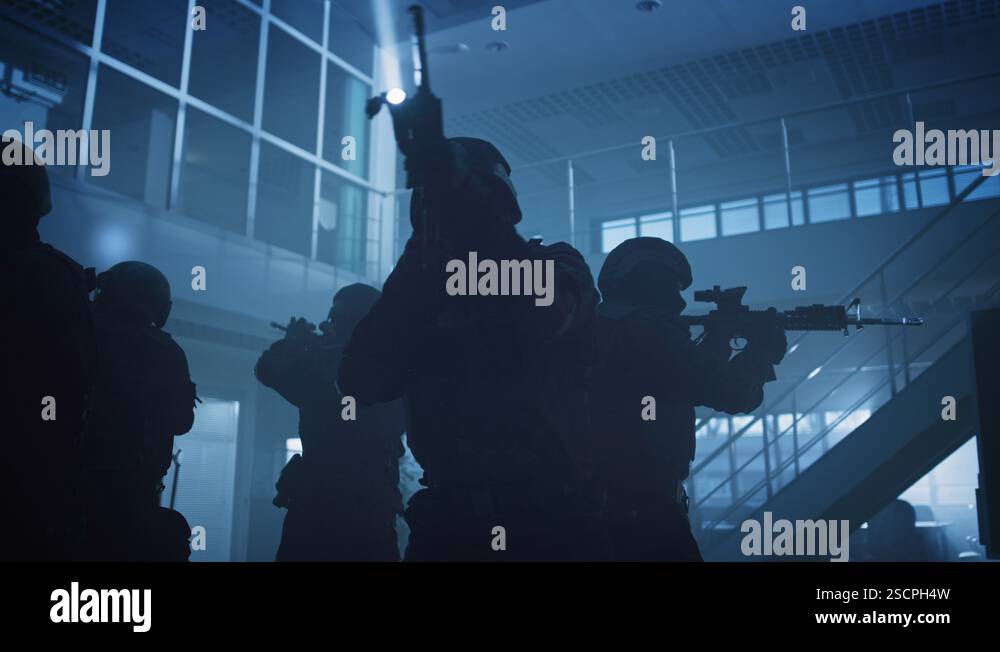 Masked Squad of Armed SWAT Police Officers Stand in Dark Seized Office ...