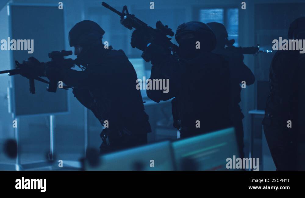 Masked Squad of Armed SWAT Police Officers Stand in Dark Seized Office ...