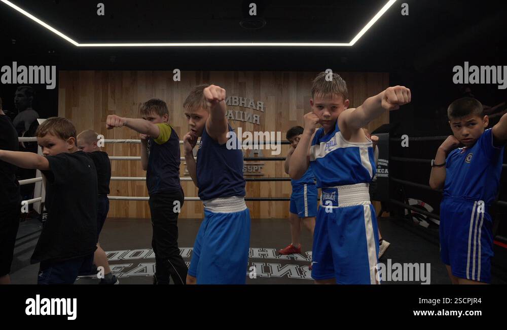 Children's group in training in Boxing exercises on shock technique ...