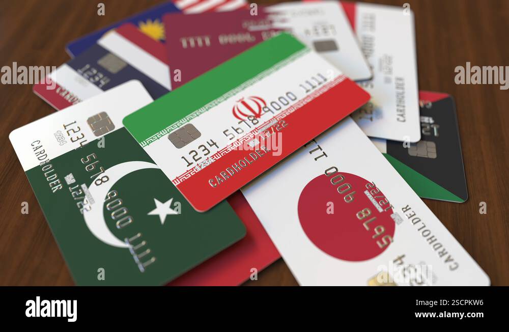 Many credit cards with different flags, emphasized bank card with flag ...