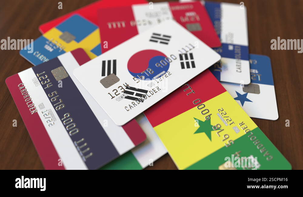 Many credit cards with different flags, emphasized bank card with flag ...