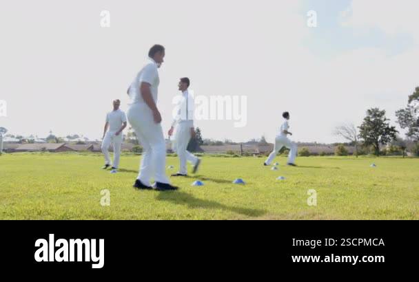 Team of multiracial male cricket players practicing cricket wearing ...