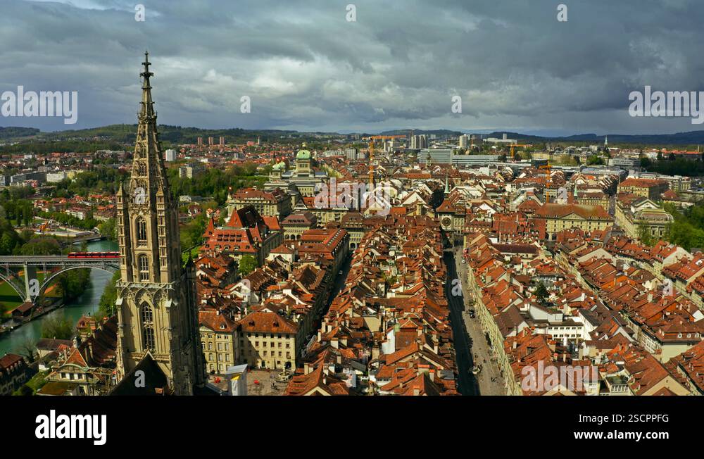 Aerial view of famous Bern Minster or Cathedral in Old City of Bern, Switzerland Stock Video ...