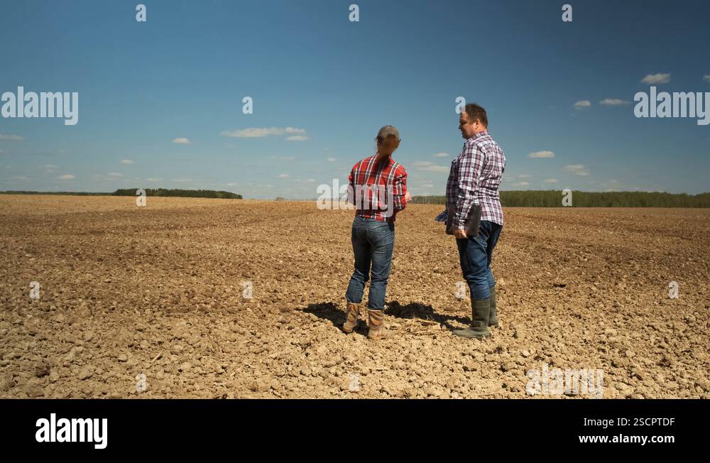 Two businessman farmers talking standing on a plowed field Stock Video ...