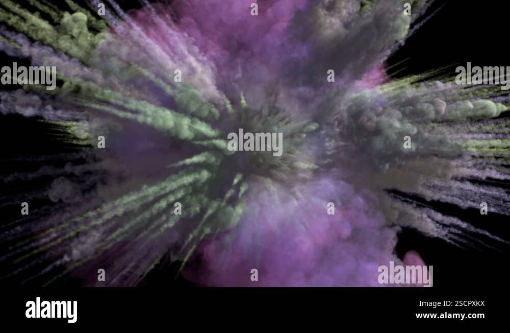 Colored smoky explosion, with trails, explodes towards the camera Stock ...