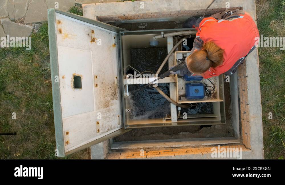 plumber washes dirt in a septic tank with a water jet using Stock Video ...