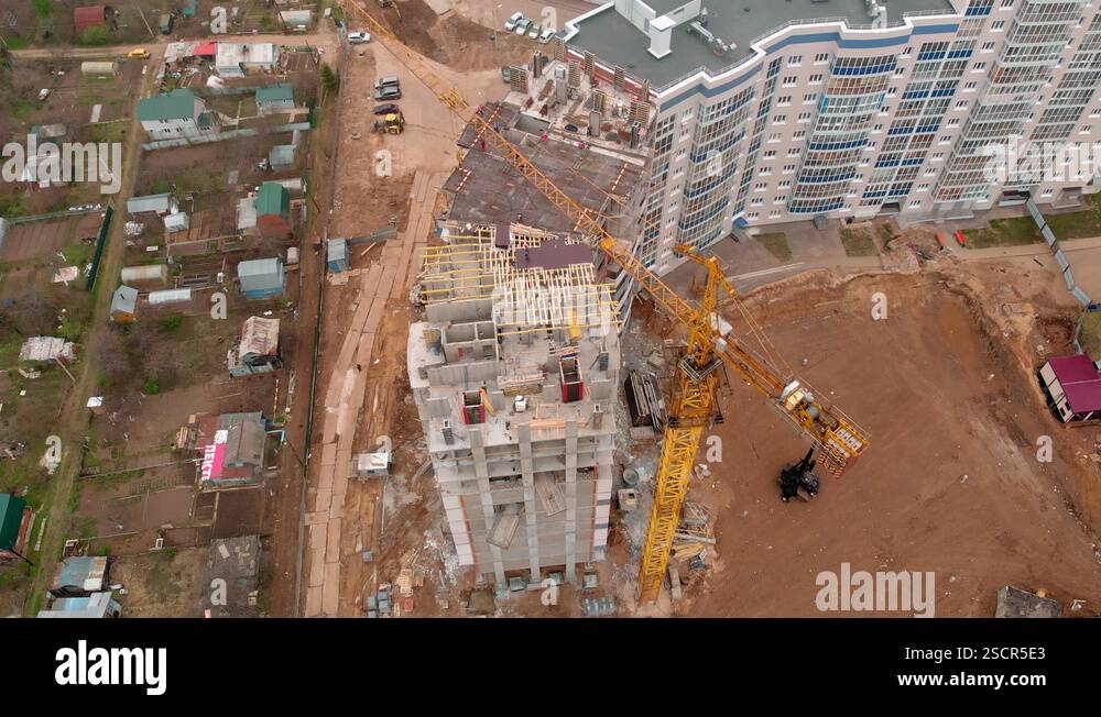 Construction of a residential high-rise building. Aerial shooting from ...