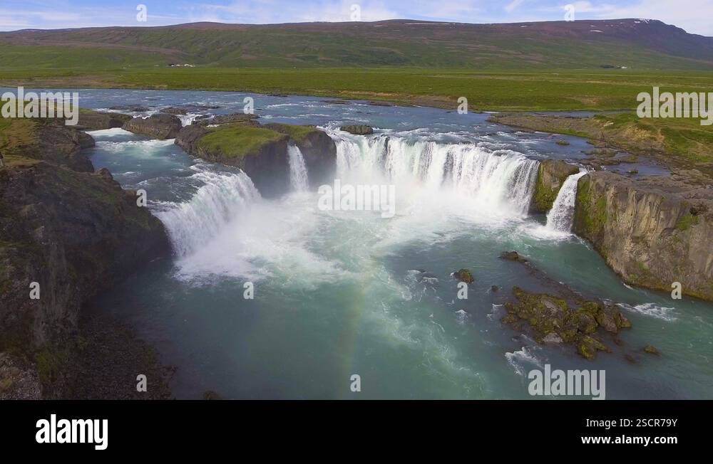 Drone aerial footage of the Godafoss waterfall in north Iceland Stock ...