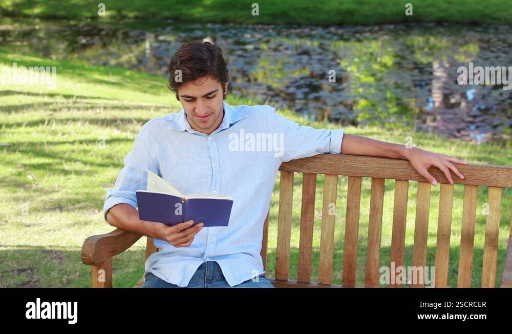 Man sits on a bench while reading a book Stock Video Footage - Alamy