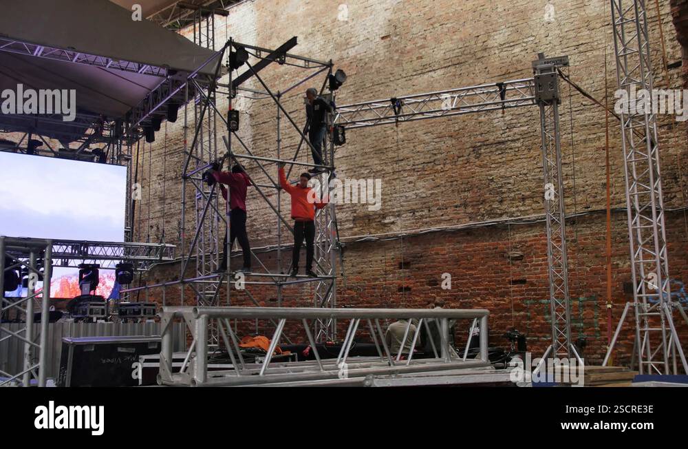 Time lapse of construction process of open air stage for big musical ...