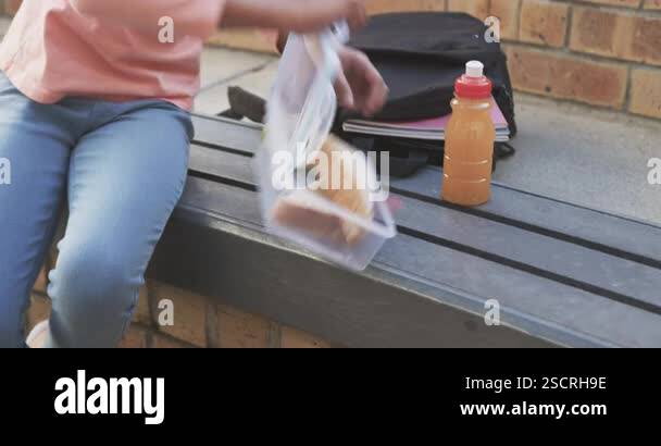 Holding sandwich, smiling African American girl enjoying snack break at ...