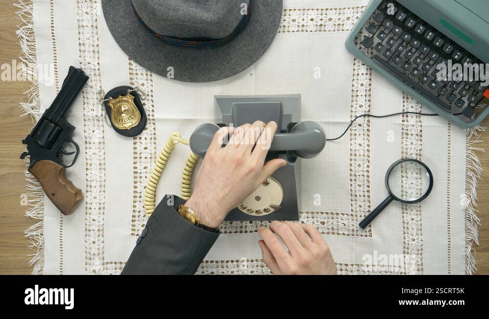 Vintage Police Detective Dial Rotary Phone Top View Desk Stock Video ...