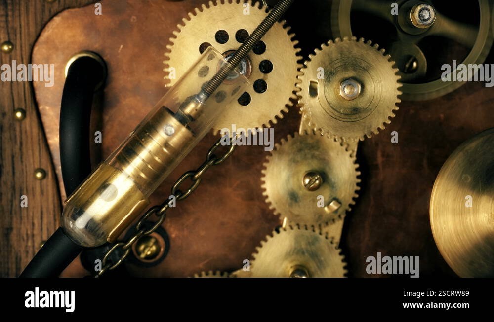 the piston moves in a cylindrical tube, a mechanism with rotating gears ...