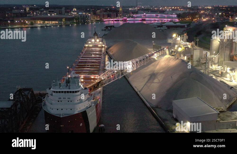 Great Lakes ore freighter offloading its cargo predawn Stock Video ...