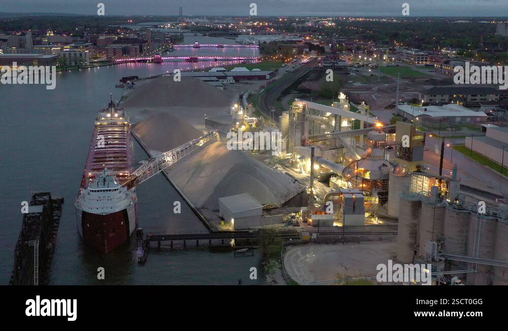 Great Lakes ore freighter offloading its cargo predawn Stock Video ...