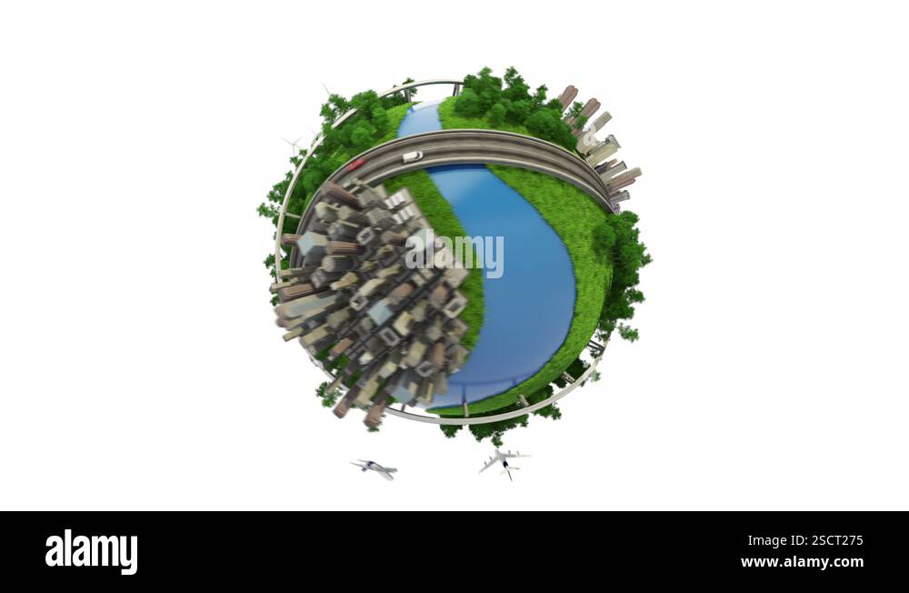 loop of globe spinning with cities, nature, traffic and transports ...