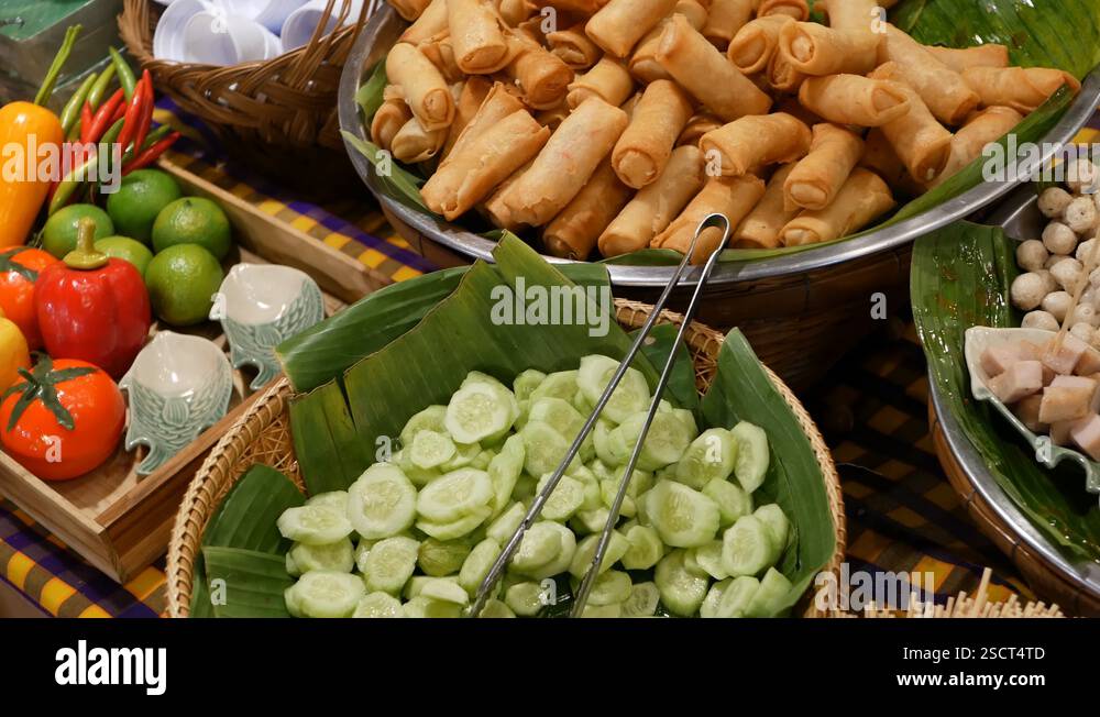 Bowls with traditional Asian dishes for sale. Bowls with fresh ...