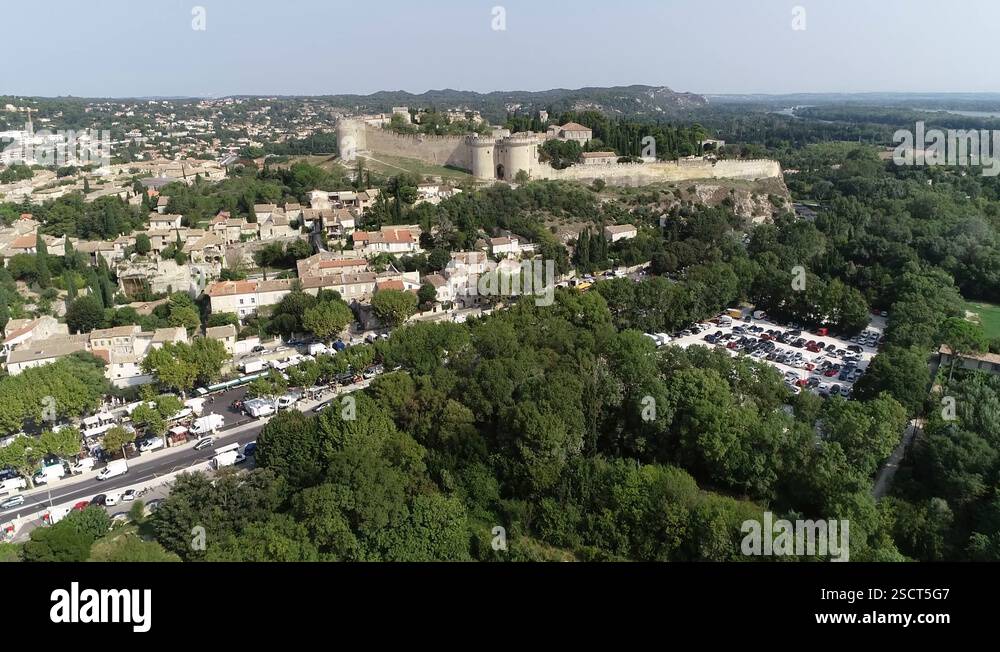 Aerial flight towards the Fort Saint André entrance is a medieval ...