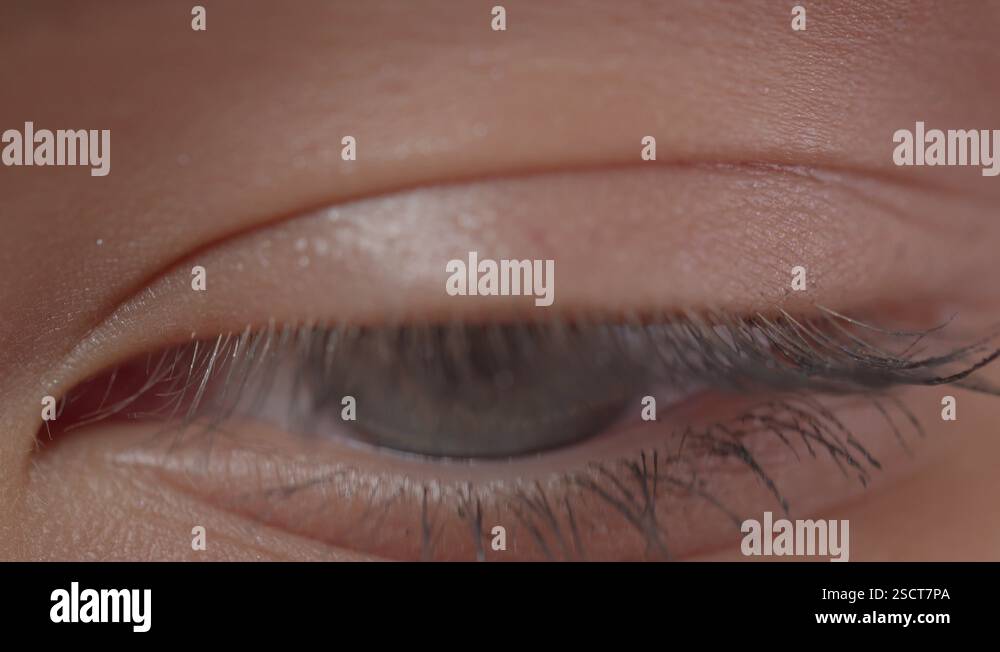 Close-up shoot of light-blue eye blinking with the reflection and flare ...